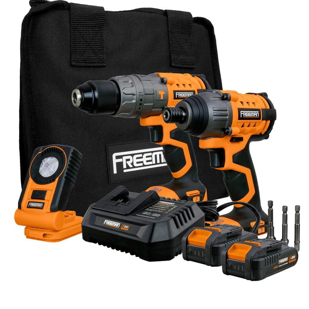 20 Volt Cordless Hammer Drill, Impact Driver, and LED Light Kit with 2 ...