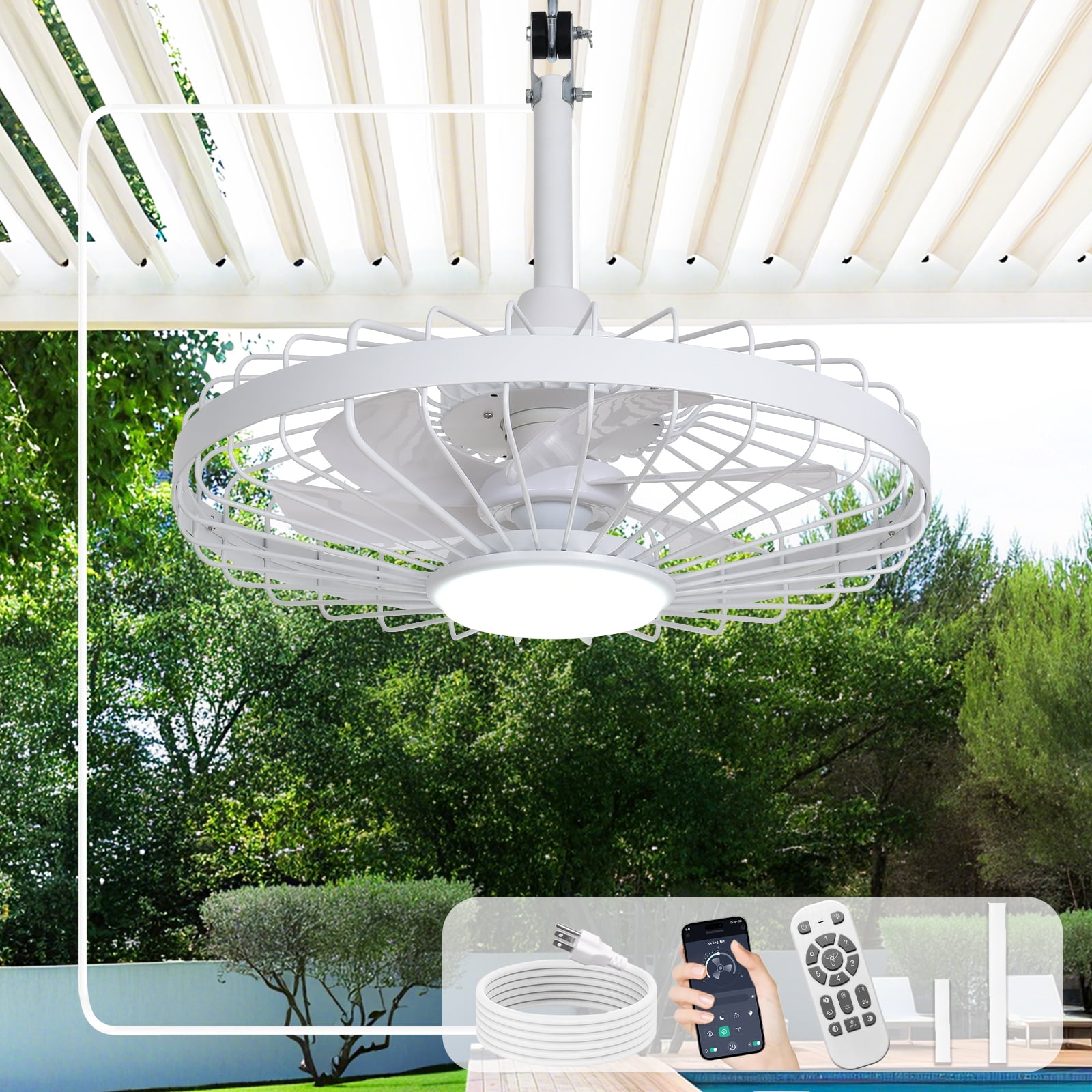 20" Waterproof Outdoor Ceiling Fan with Light - IP44 Plug-in, Remote ...