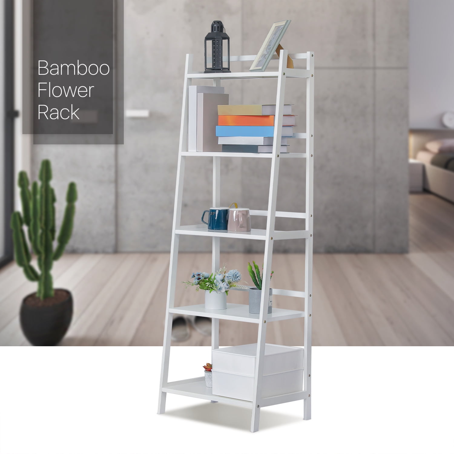 20"White Bamboo 5-Tier Freestanding Ladder Shelf Outdoor Plant Rack ...