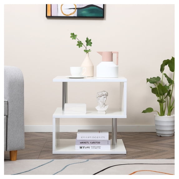 20" White S-Shaped End Table - Multi-Level Accent Shelf - Modern Living ...