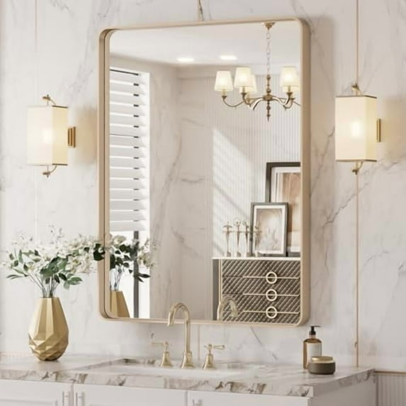 20”X30” Gold Bathroom Mirror, Rounded Rectangle Gold Frame Mirror ...