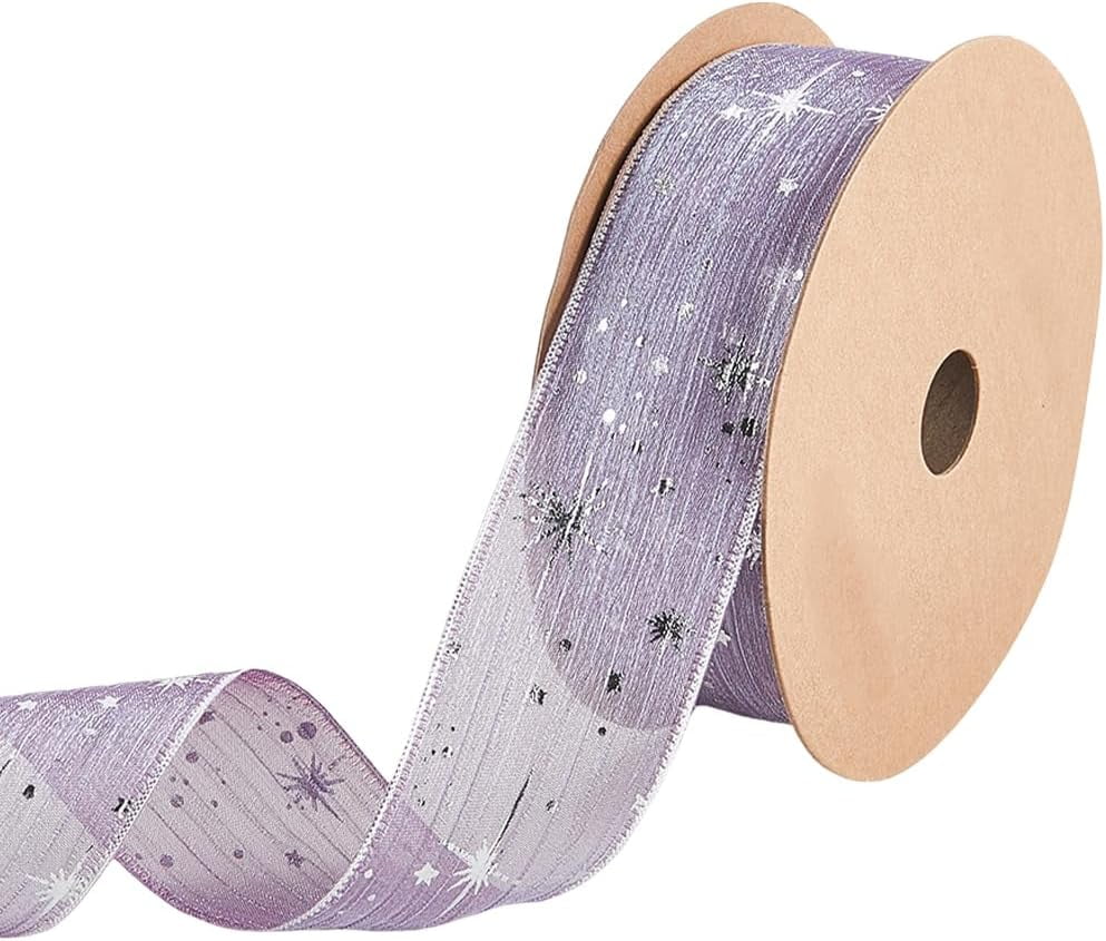 20 Yards 1 5/8 Inch Purple Star Print Transparent Glitter Ribbon Silver ...
