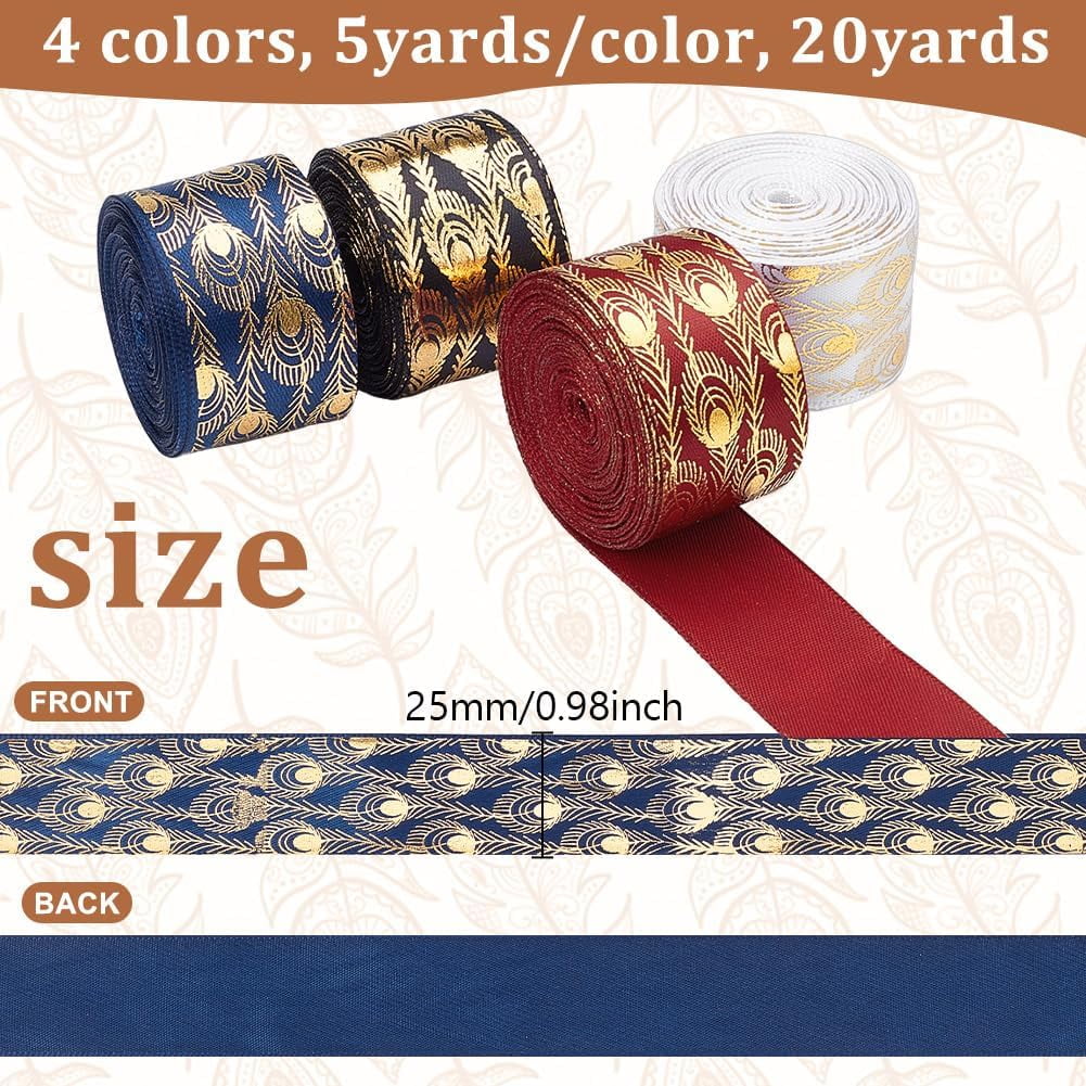 20 Yards 4 Colors Peacock Feathers Print Wired Ribbon 1 inch Wide ...