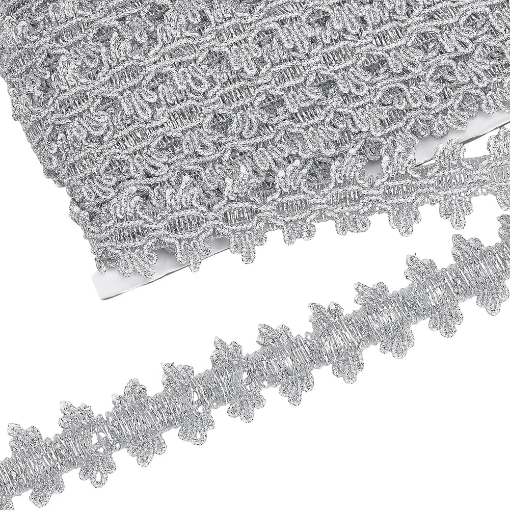 20 Yards Metallic Braid Trim 1-1/4 inch Wide Sliver Flower Lace Ribbon ...