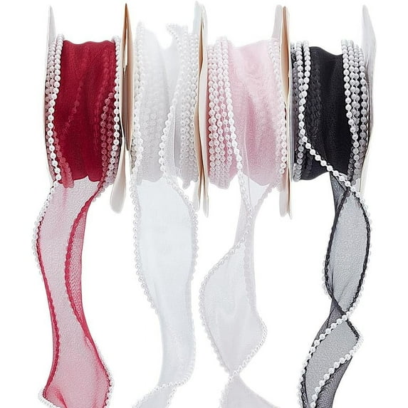 20 Yards Pearl Beads Organza Chiffon Ribbon 4 Colors 1-5/8 Inch Wide ...