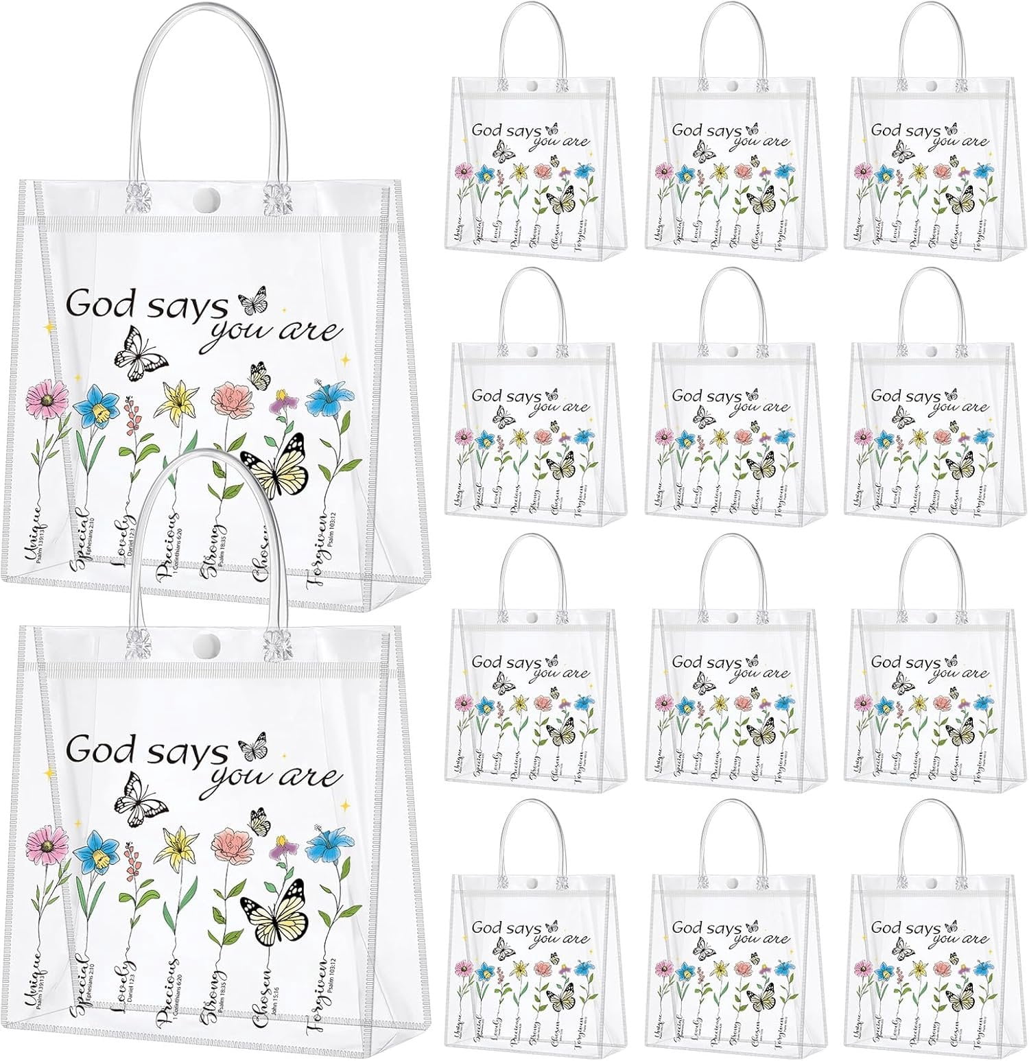 20 count Christian Bags with handle God Says You Are Verse Floral Clear ...