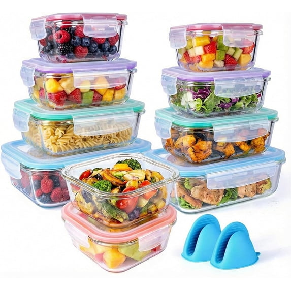20 count Glass Storage Containers with Snap Lock , Airtight & Leakproof ...