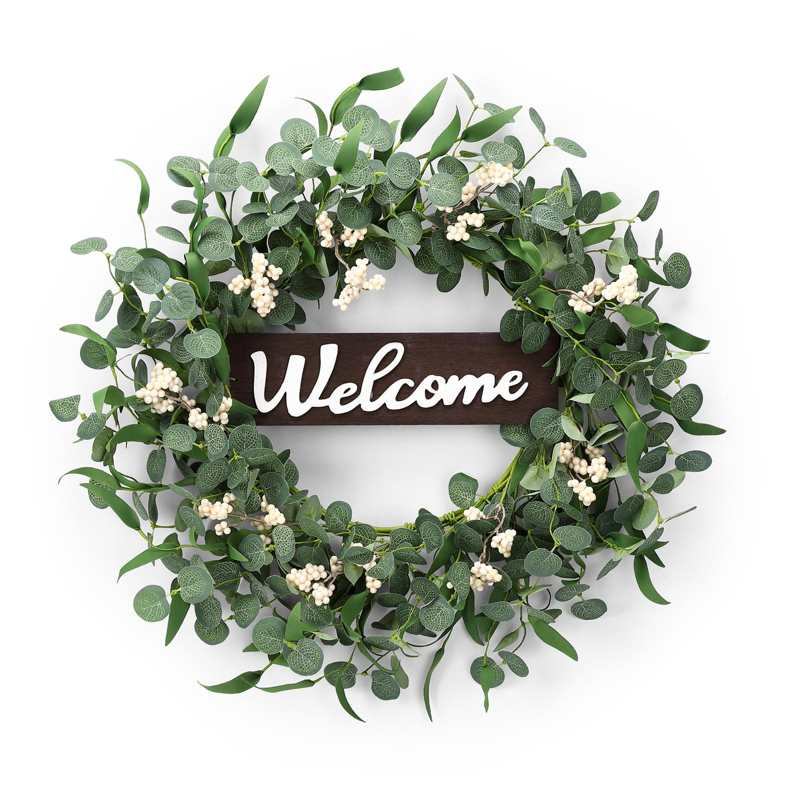 20 inch Eucalyptus Wreath with Welcome Sign, Artificial Green ...