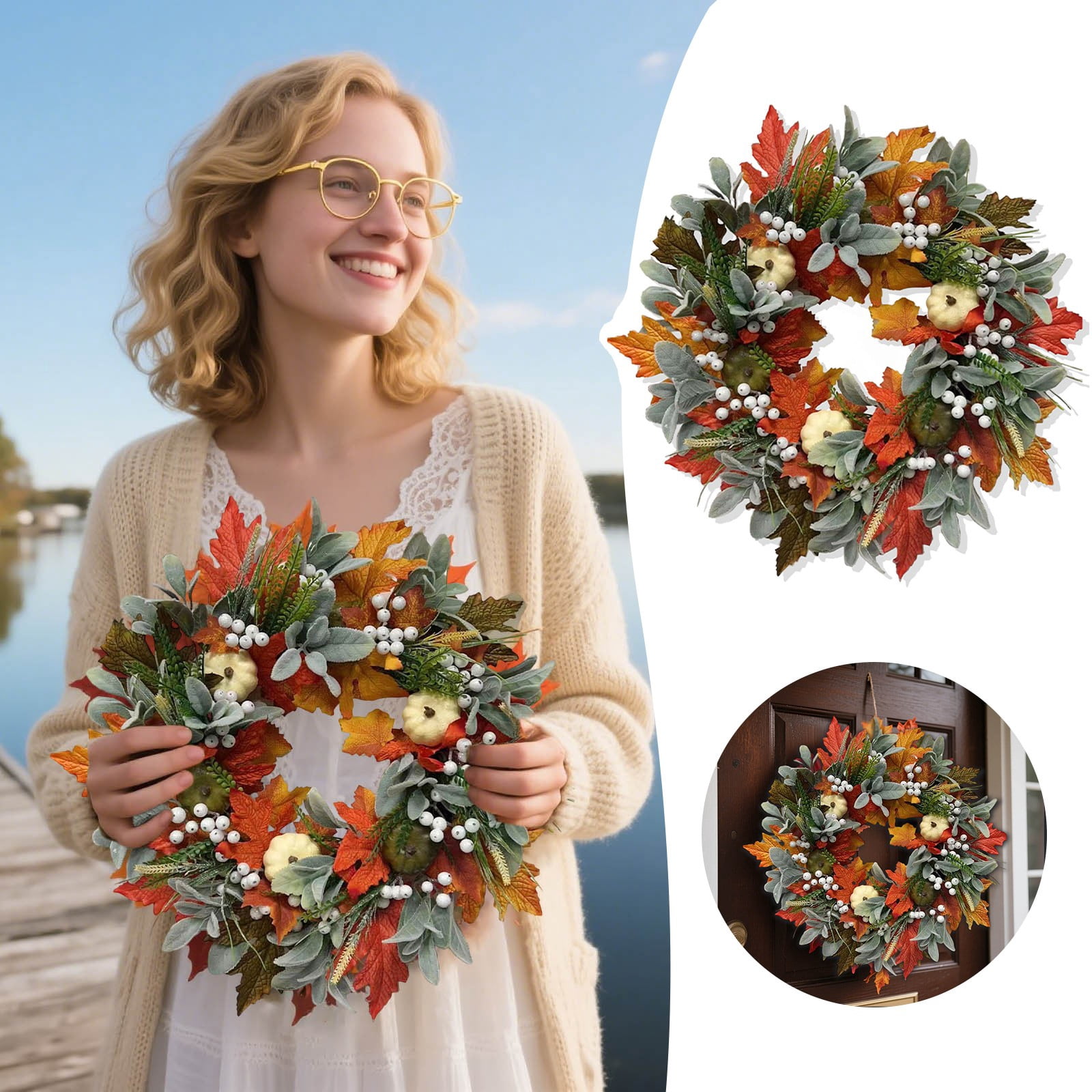 20 inch Fall Wreaths for Front Door Maple Leaves Autumn Wreath ...