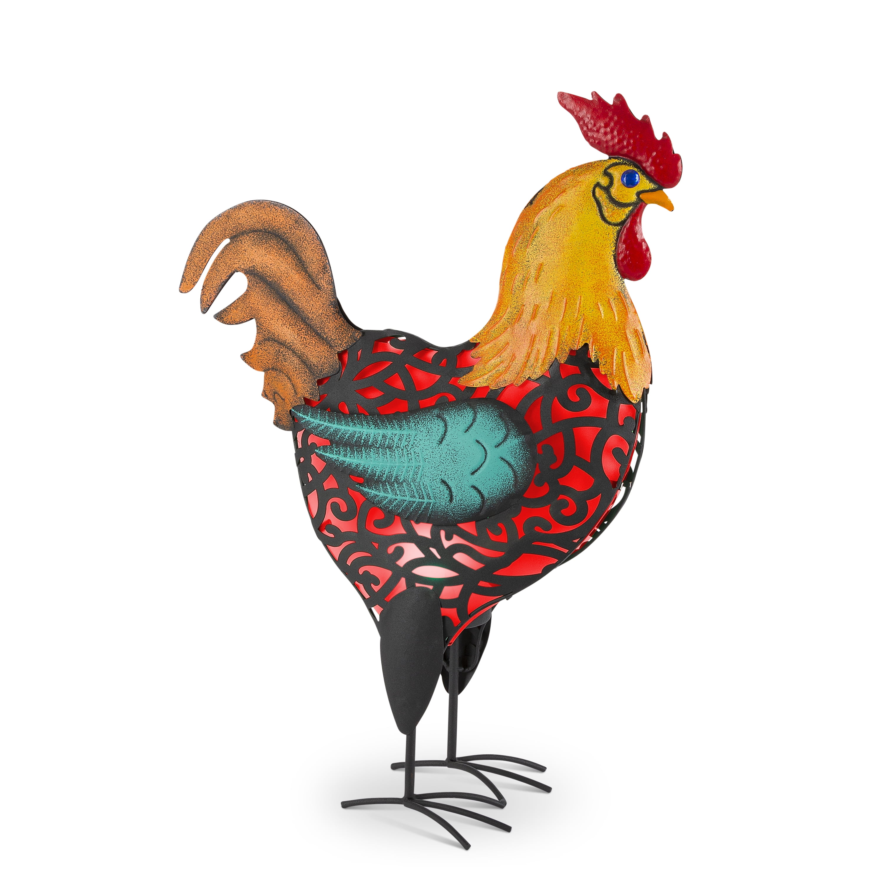 20 inch LED Solar Red Metal Rooster with Rustic Finish. Rechargeable AA ...