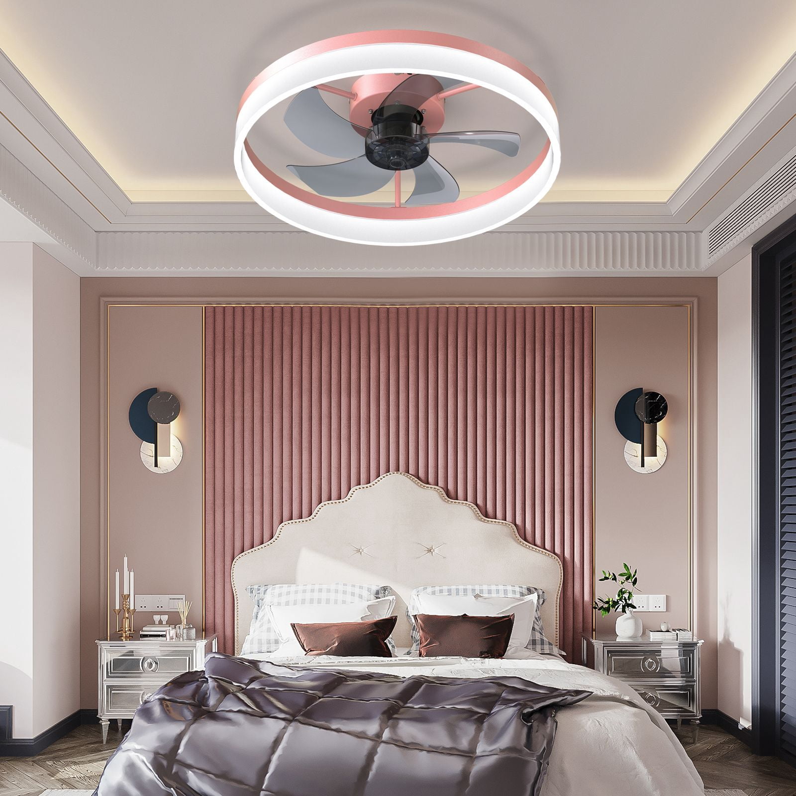 20-inch Pink Flush Mount Ceiling Fan with Light, Ultra-Thin Dimmable ...