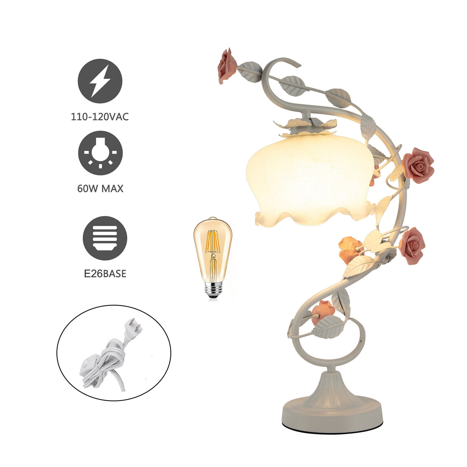 20 inch Rose Flower Table Lamp, Glass Elegant Plug-in Table Roses Light ...