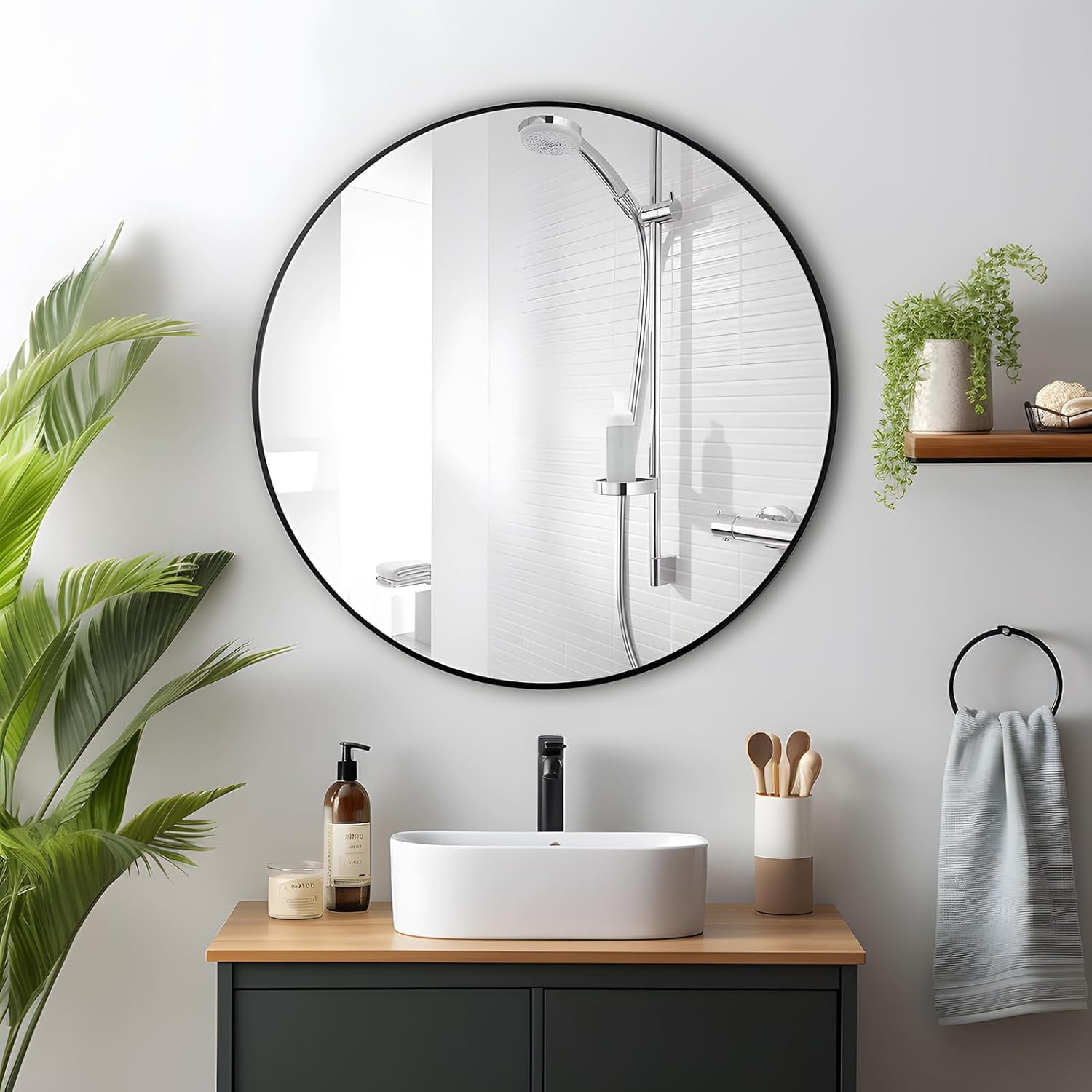 20 inch Round Mirror with Black Metal Frame, Hanging Mirror Circle Wall ...