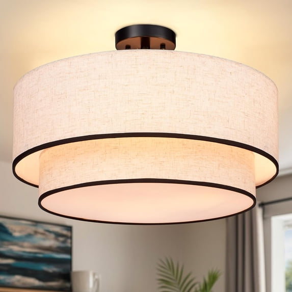 20 inch Semi Flush Mount Ceiling Light Fixture with Fabric Shade, Beige ...