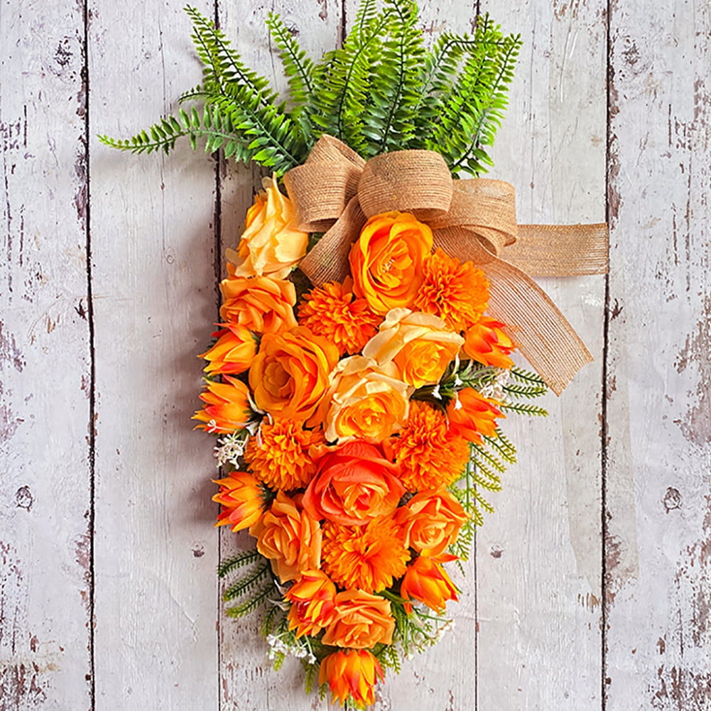 20 inch Spring Teardrop Swag with Artificial Orange Roses Burlap Bow ...