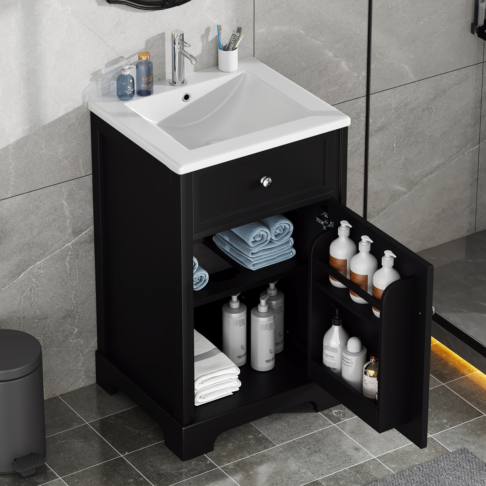 20-inch black bathroom vanity with sink uses stainless steel hardware ...