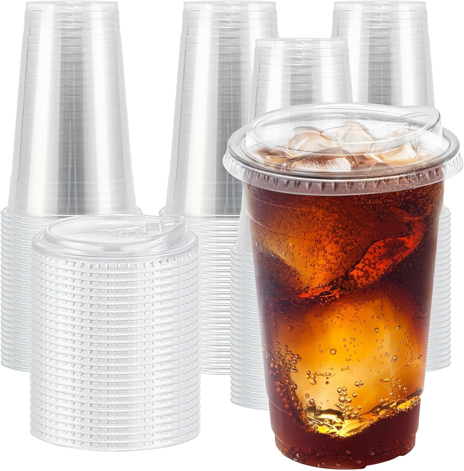 20 oz 100 Pack Clear Plastic Cups with Lids, Sturdy Iced Coffee Cups ...
