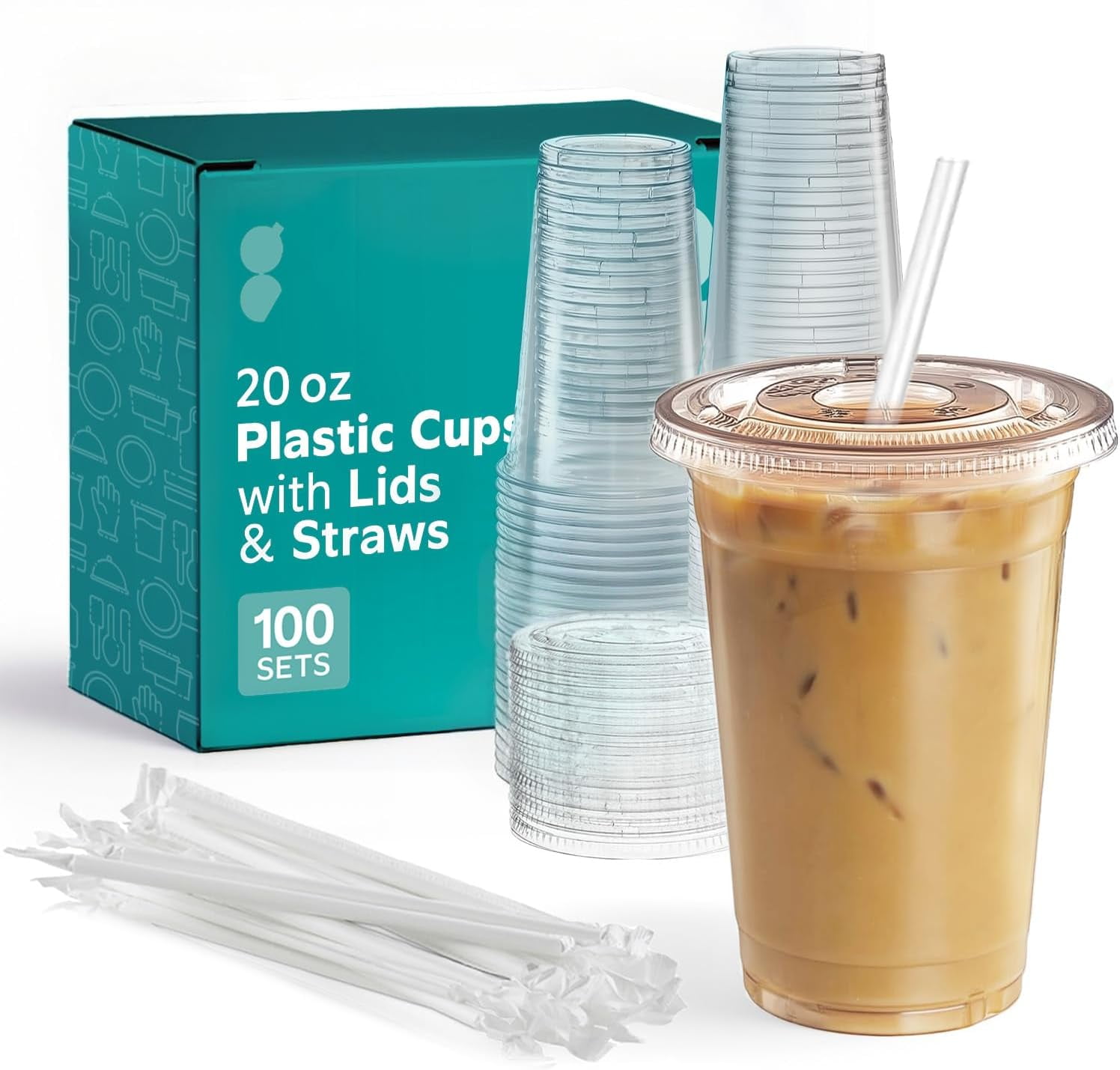 [20 oz 100 Sets Clear Plastic Cups with Lids and Straws – Disposable ...