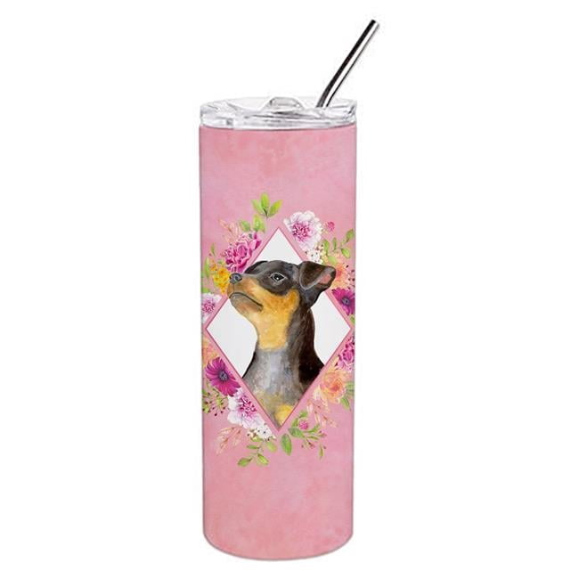 20 oz Black Miniature Pinscher Pink Flowers Double Walled Stainless ...