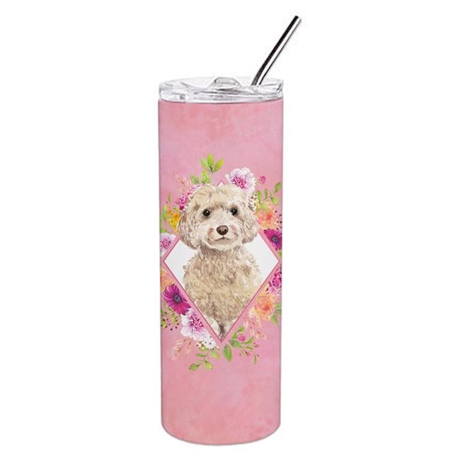 20 oz Champagne Cockapoo Pink Flowers Double Walled Stainless Steel ...