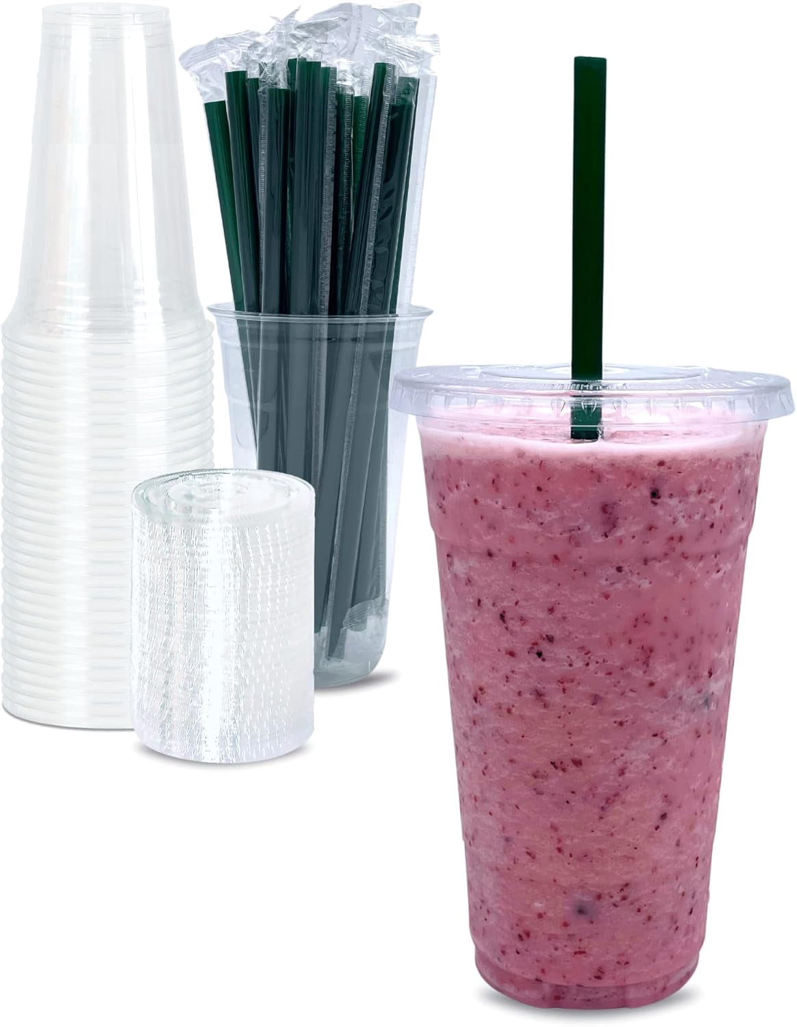 20 oz Clear Plastic Cups with Lids and STRAWS, Disposable Drinking Cups ...