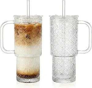 20 oz Pink Ribbed Glass Tumbler with Lid and Straw, Spill-proof Iced ...
