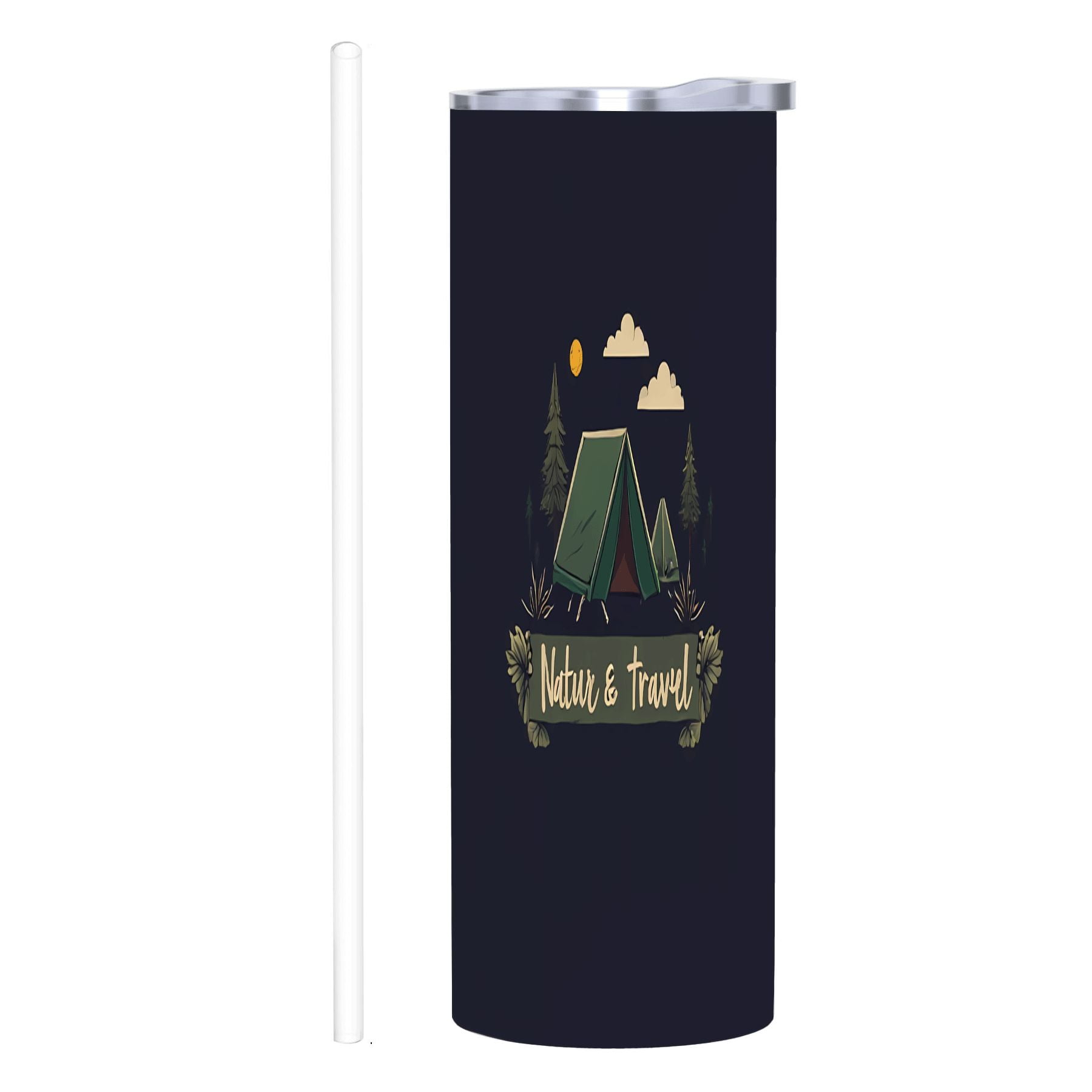20 oz Stainless Steel Insulated Travel Mug - Camping Design with Green ...