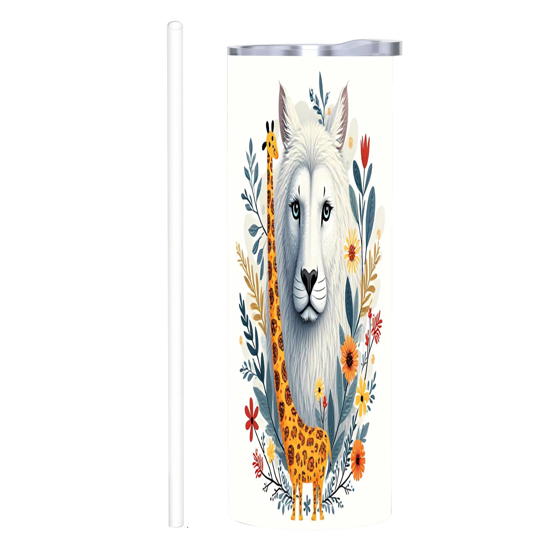 20 oz Stainless Steel Insulated Tumbler - Colorful White Lion & Floral ...