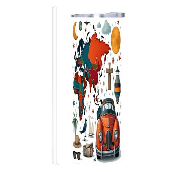 20 oz Stainless Steel Insulated Tumbler - Colorful World Map Design with Travel Lids & Straw ...