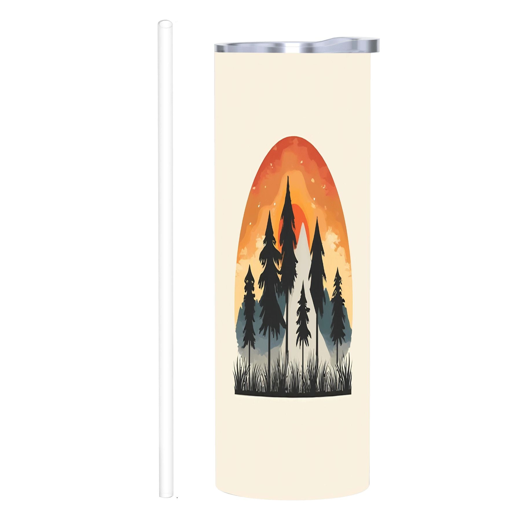 20 oz Stainless Steel Insulated Tumbler - Cream with Trees & Sunset ...