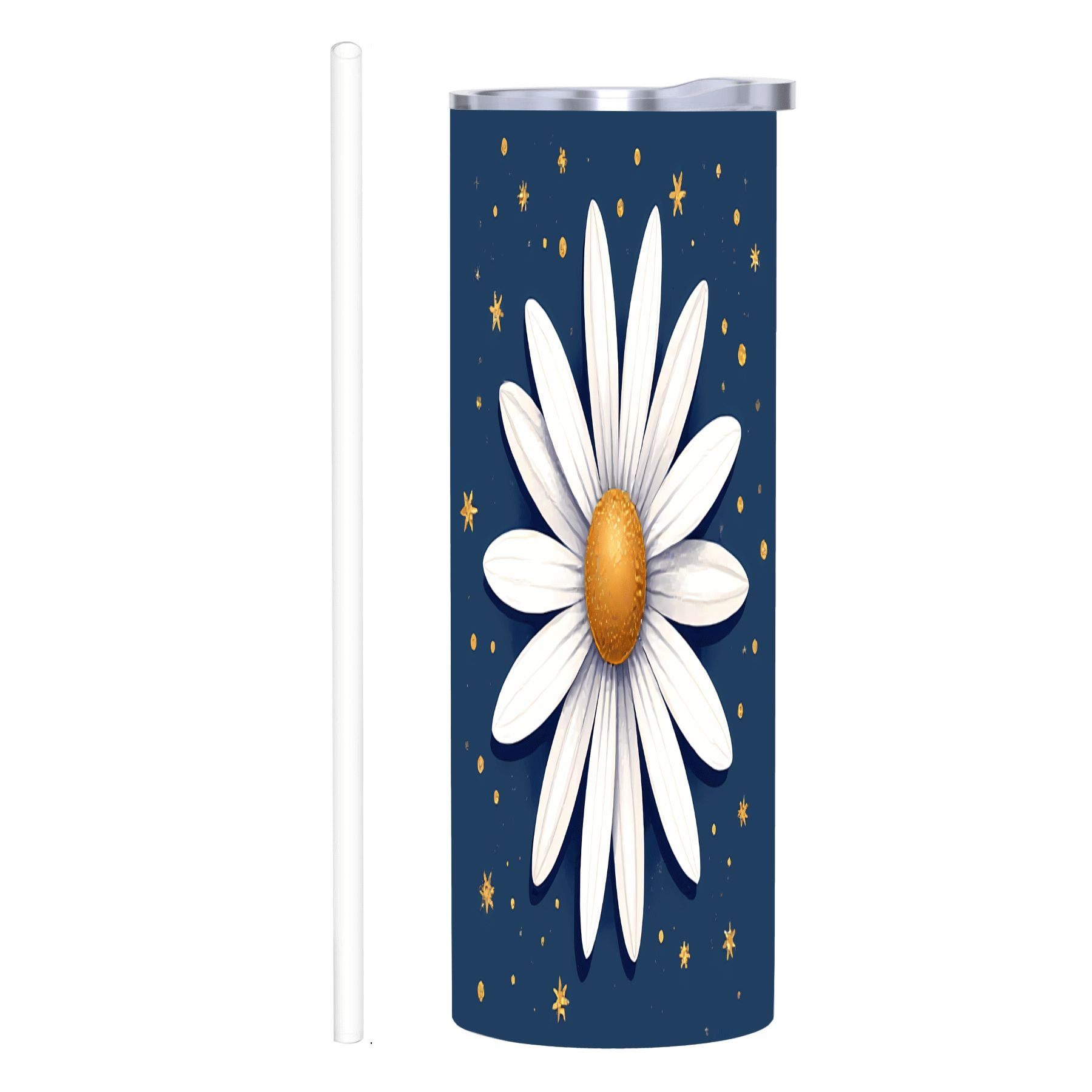 20 oz Stainless Steel Insulated Tumbler - Daisy Design on Dark Blue ...