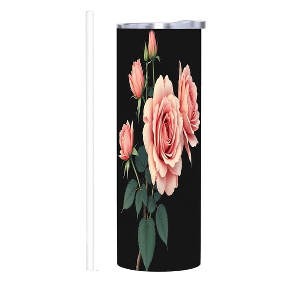 20 oz Stainless Steel Insulated Tumbler - Elegant Black with Pink Roses ...