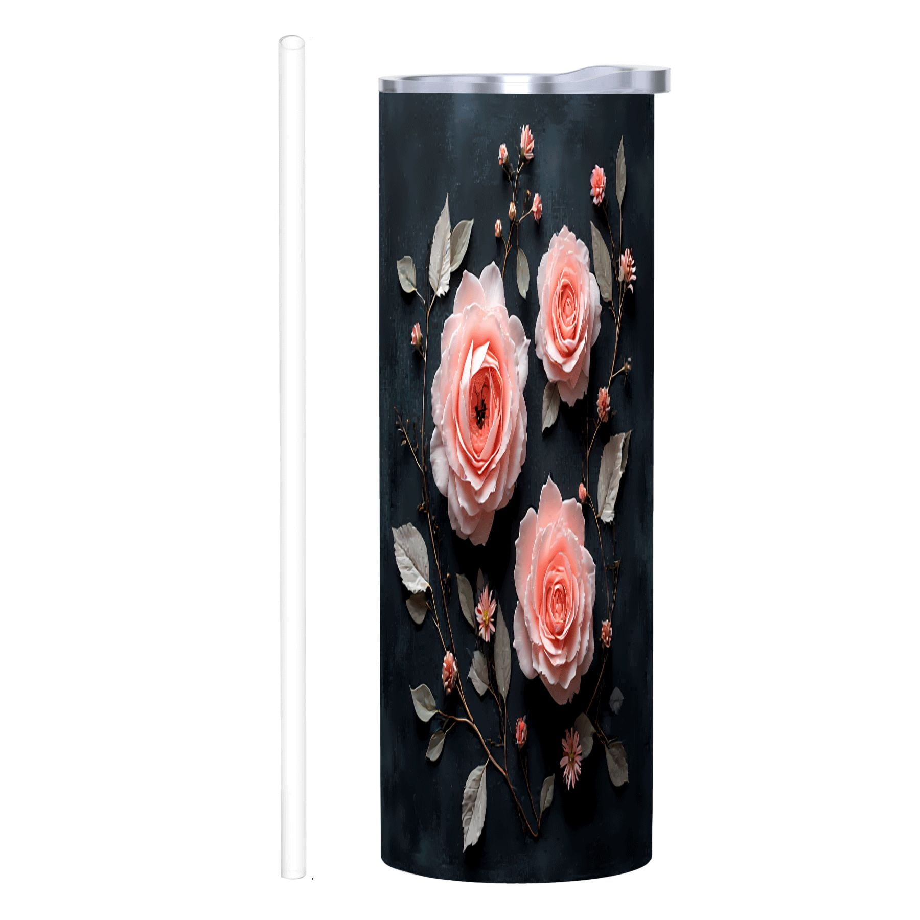 20 oz Stainless Steel Insulated Tumbler - Elegant Pink Roses & Floral ...