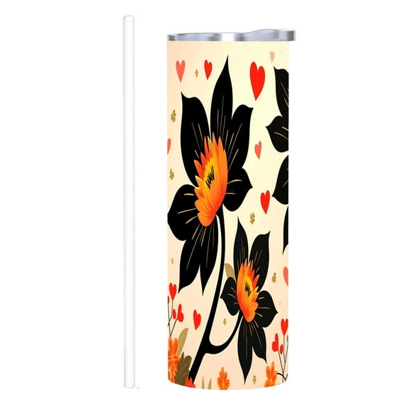20 oz Stainless Steel Insulated Tumbler - Floral Black & Orange Design ...