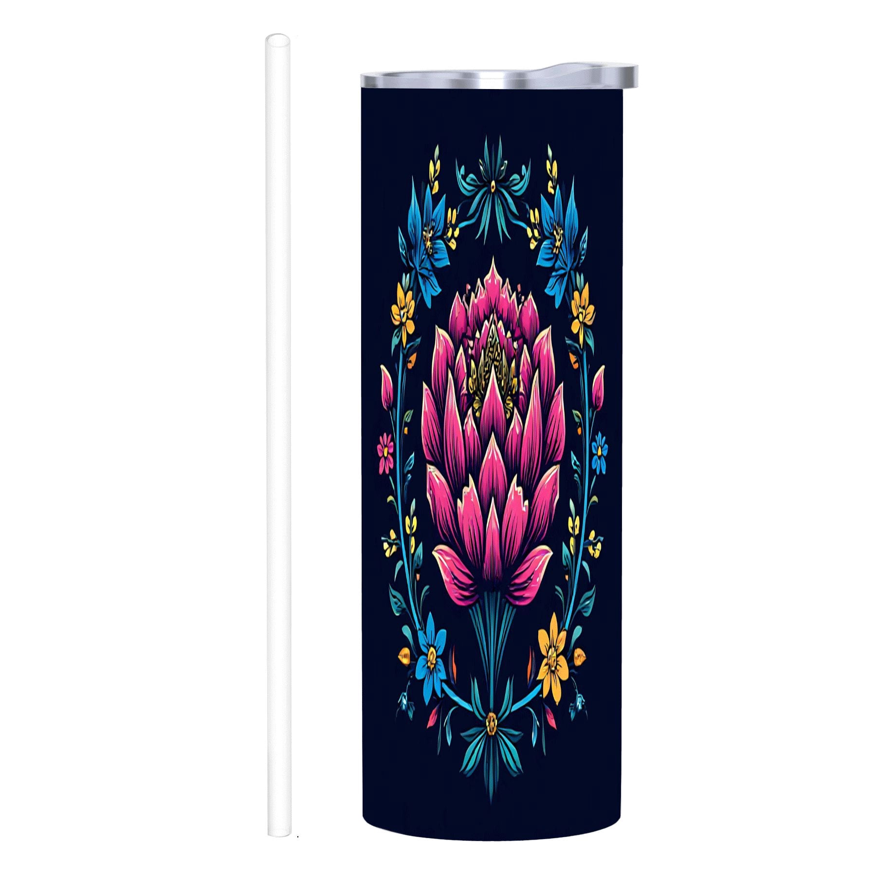 20 oz Stainless Steel Insulated Tumbler - Floral Design with Pink Blue ...