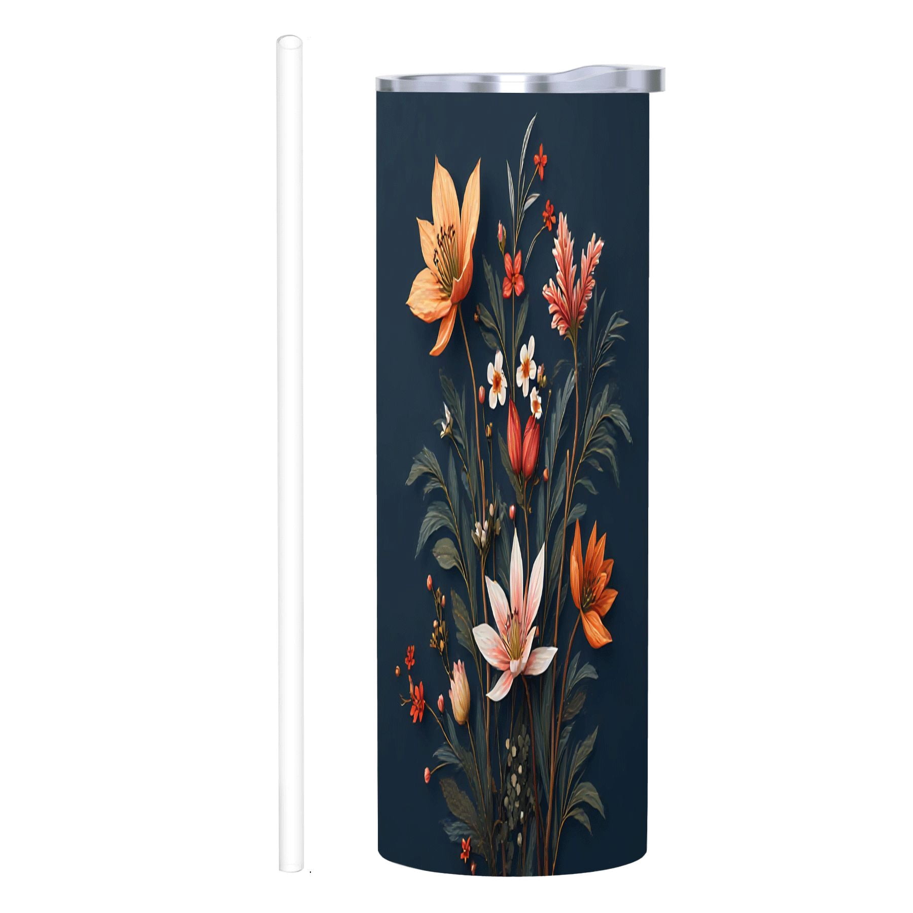 20 oz Stainless Steel Insulated Tumbler - Floral Pattern in Orange Pink ...
