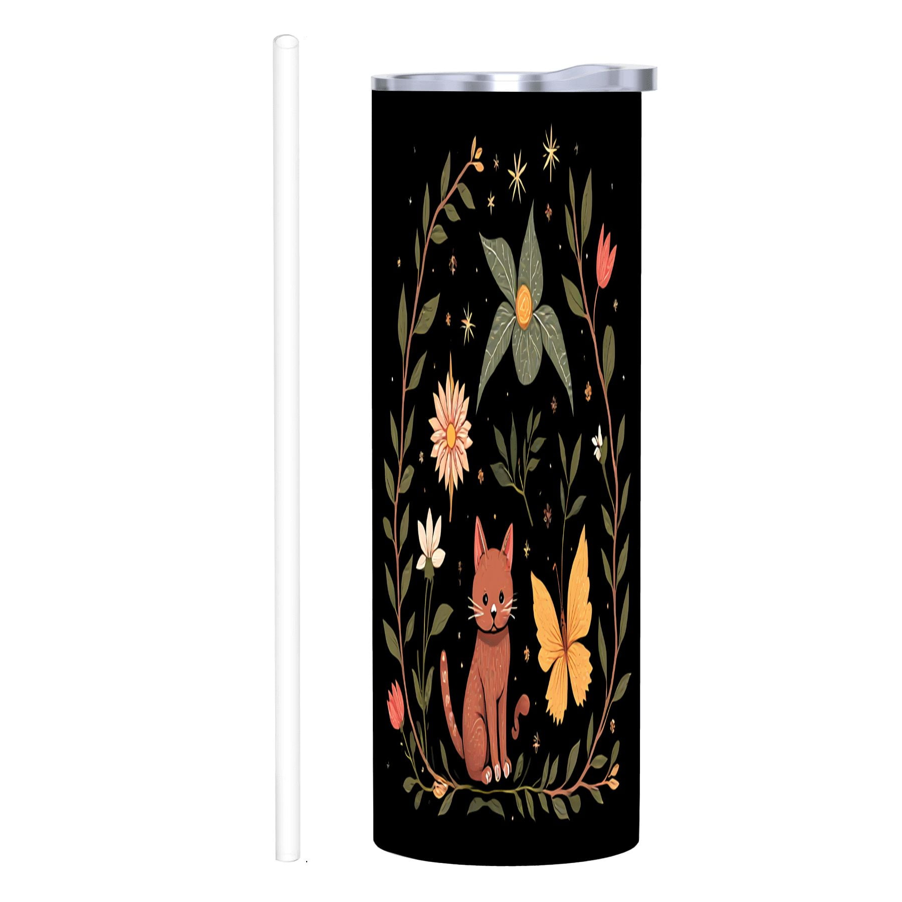 20 oz Stainless Steel Insulated Tumbler - Whimsical Cat & Floral Design ...