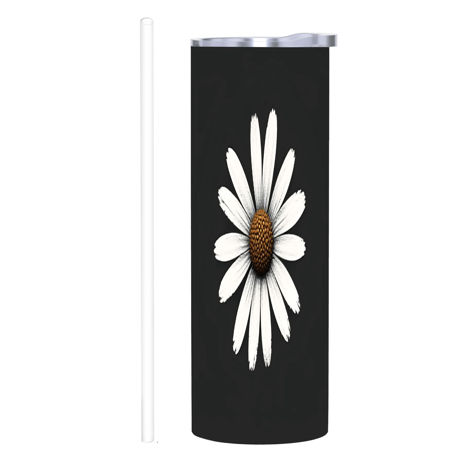 20 oz Stainless Steel Insulated Tumbler - White Daisy Design with Brown ...