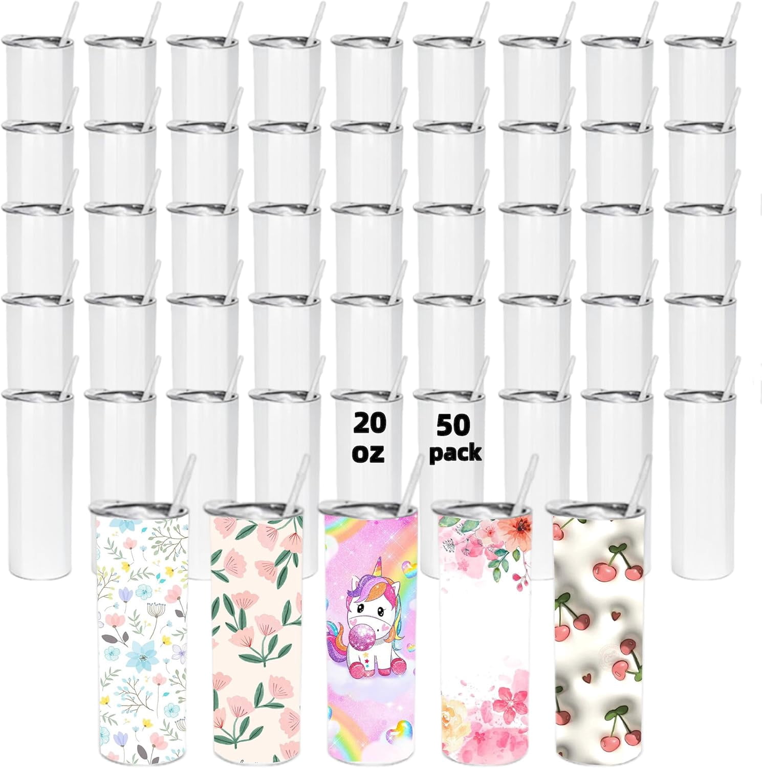 20 oz Sublimation Tumblers Blanks Skinny White, 50 Pack Stainless Steel ...
