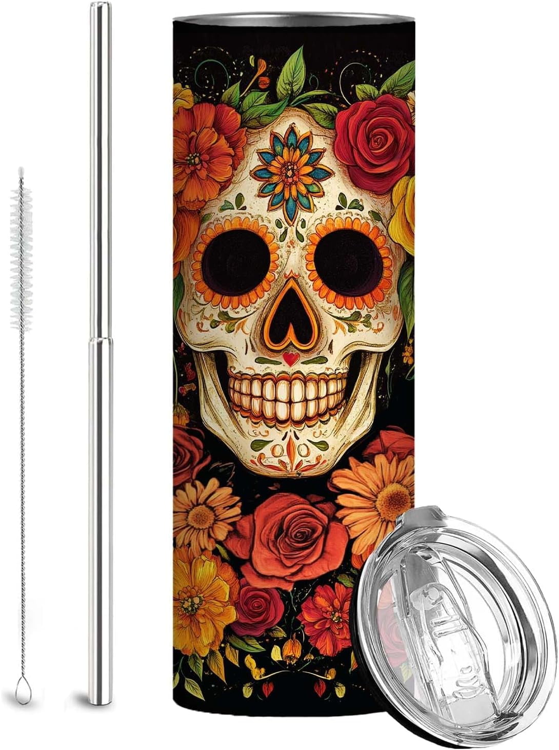 20 oz Tumbler｜Skinny Insulated Travel Mug｜Sugar Skull Floral Design ...