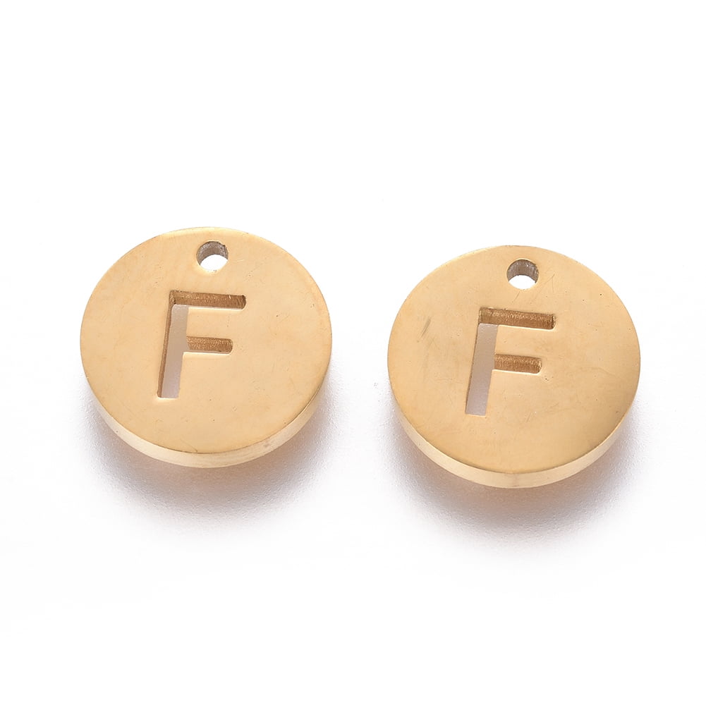 20 pc 304 Stainless Steel Charms Ion Plating (IP) Flat Round Letter F ...