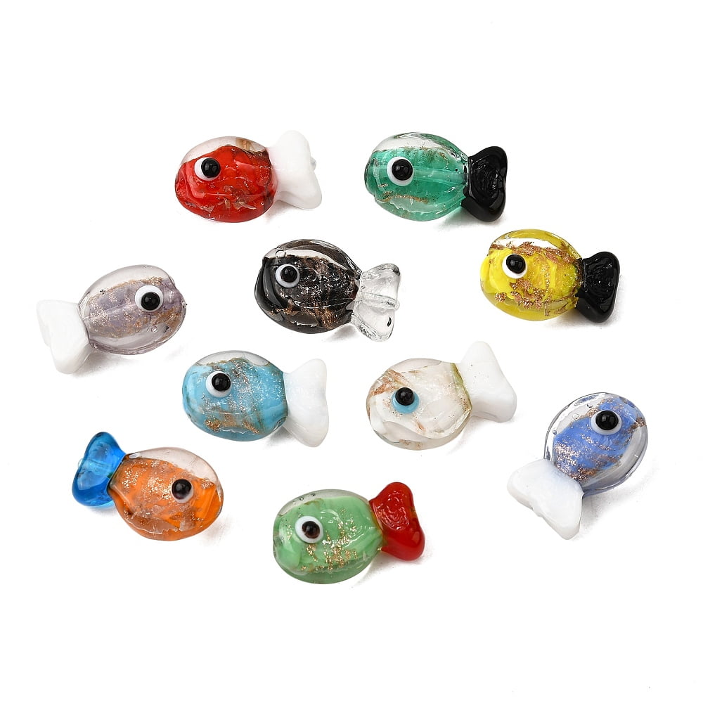 20 pc Handmade Gold Sand Lampwork Beads Fish Mixed Color 19~20x12.5 ...