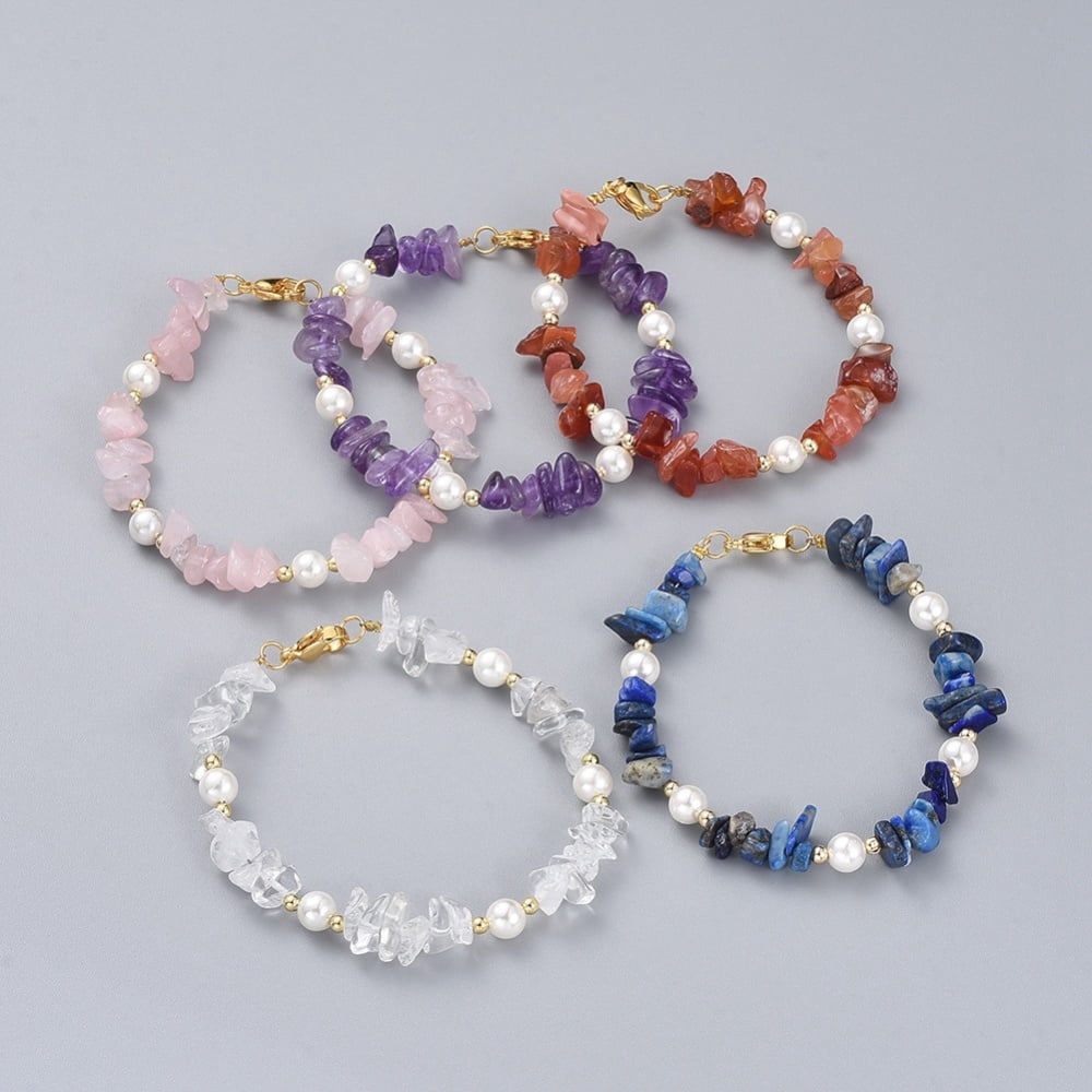 20 pc Natural Gemstone Chip Beaded Bracelets with Shell Pearl Round ...