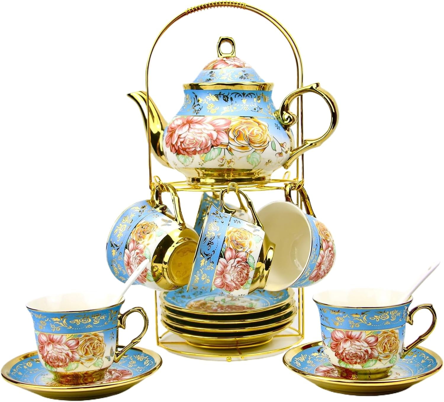 20 piece set of porcelain tea sets with metal brackets, adult European ...