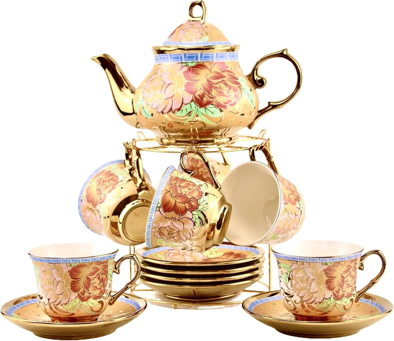 20 piece set of porcelain tea sets with metal brackets, adult European ...
