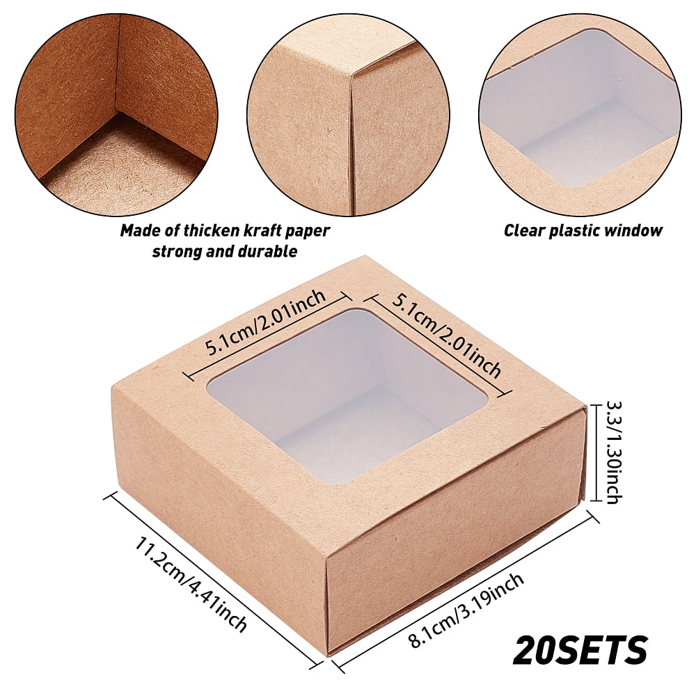 20 set Kraft Paper Drawer box Square with PVC Visual Window Camel ...
