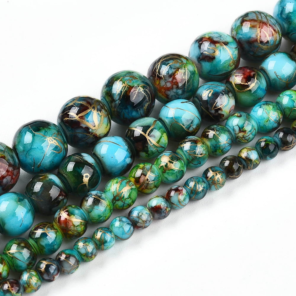 20 strand Baking Painted Glass Beads Strands Drawbench style Round Cyan ...