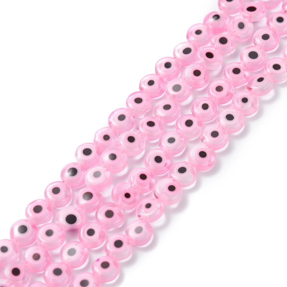 20 strand Handmade Evil Eye Lampwork Flat Round Bead Strands Pink 6x3mm ...