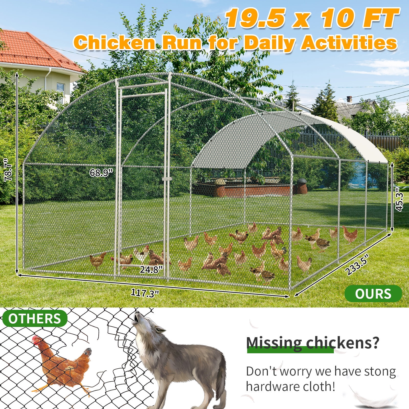 20 x 10 FT Metal Walk In Chicken Coop Run Cage Rabbit Hutch Hen House ...