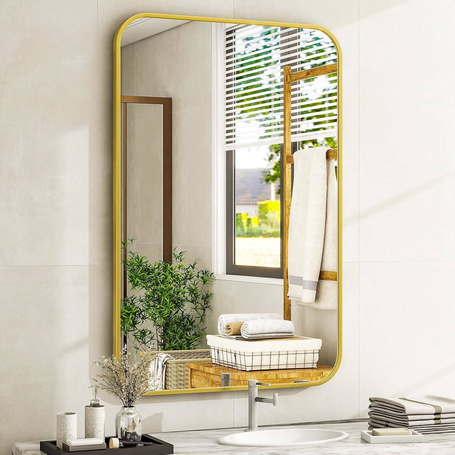 20 x 28 Inch Rounded Rectangle Wall Mirror, Gold-Framed Modern ...